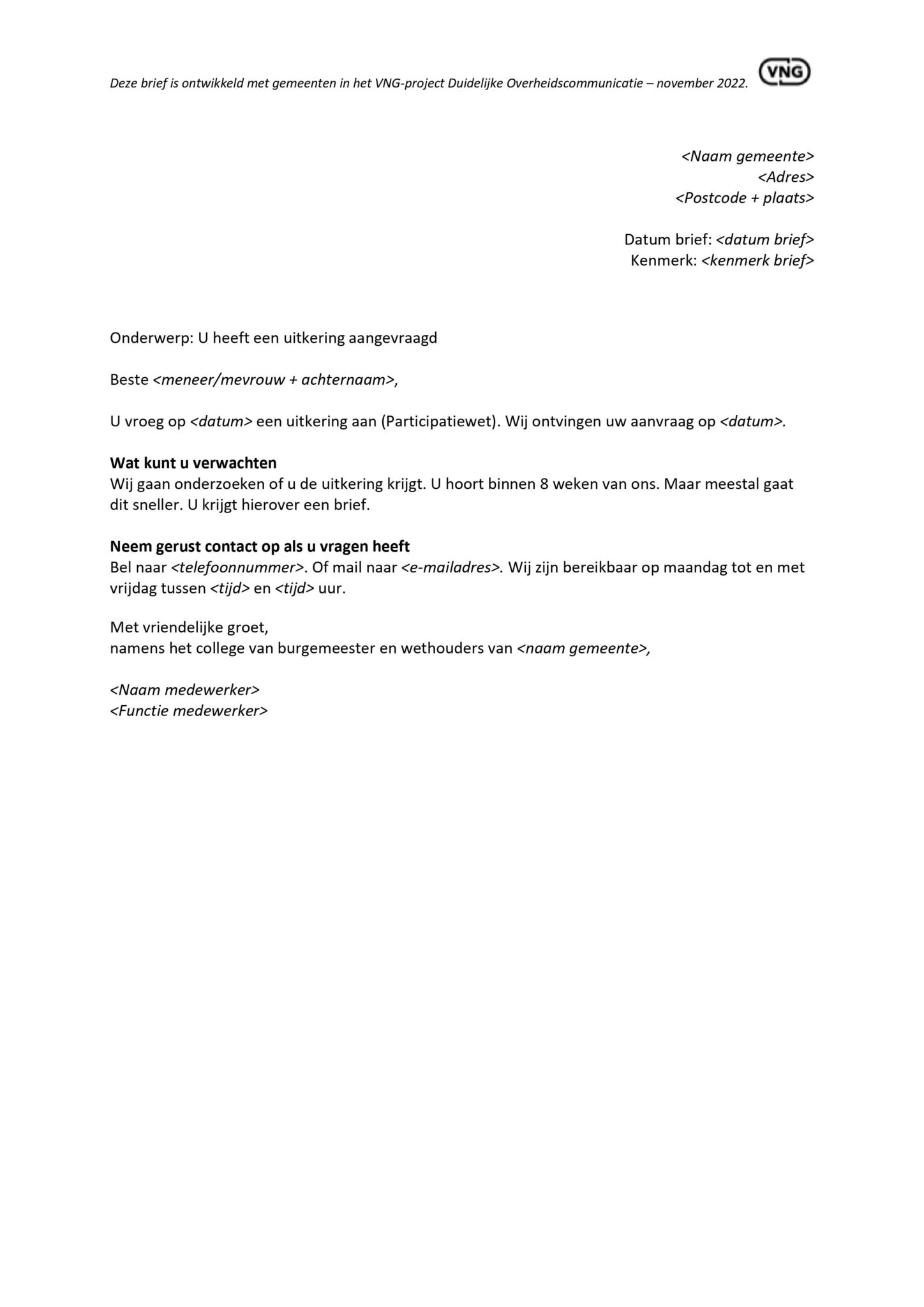 Brief uitnodiging voor een gesprek Participatiewet – Toolkit Taal