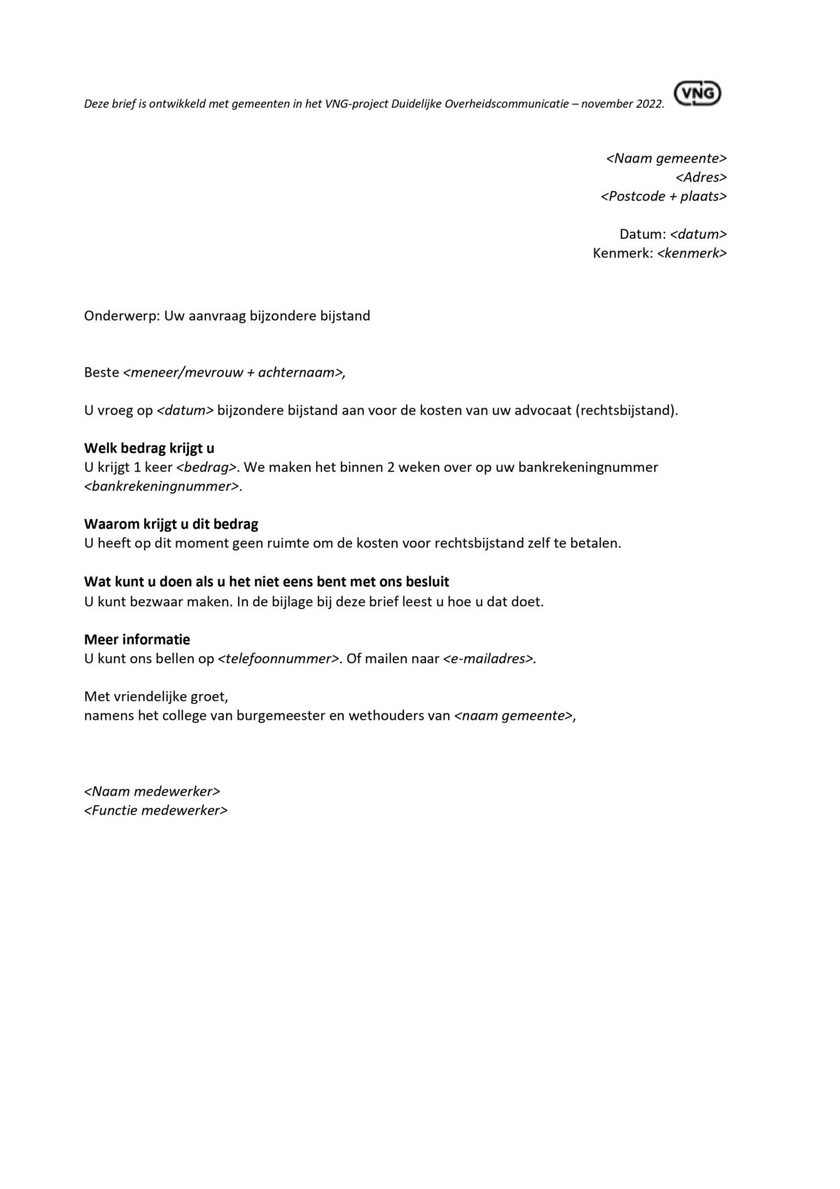 Brief toekenning bijzondere bijstand – Toolkit Taal