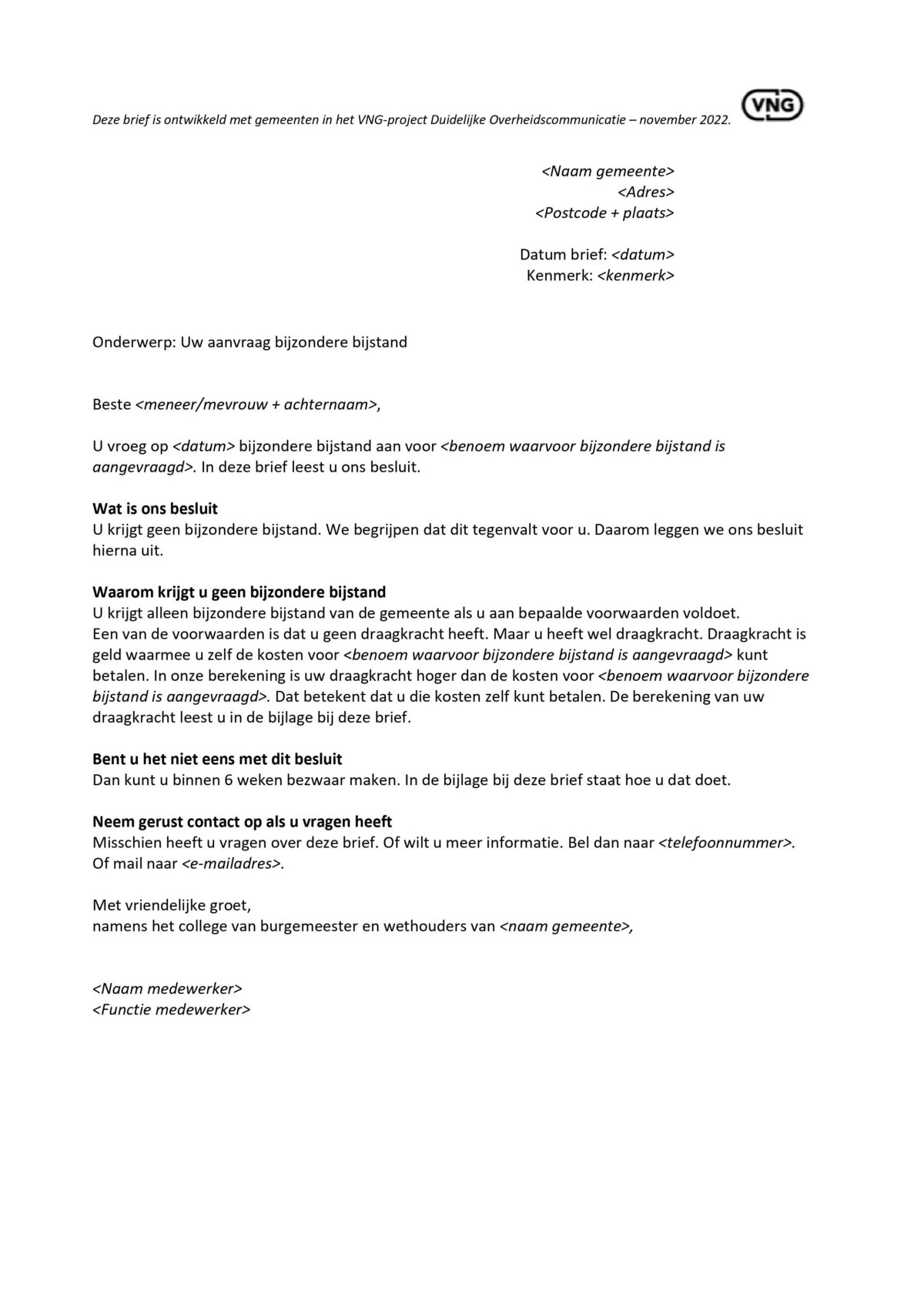 Brief afwijzing bijzondere bijstand – Toolkit Taal