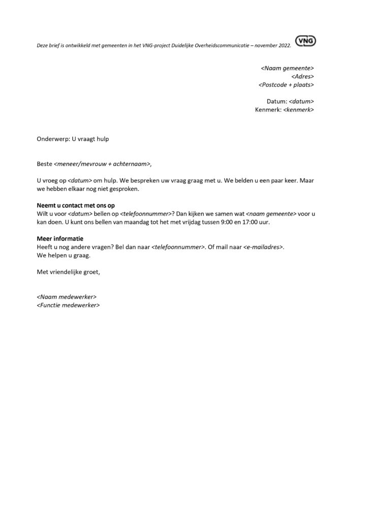 Brief terugbelverzoek Wmo 2015 – Toolkit Taal