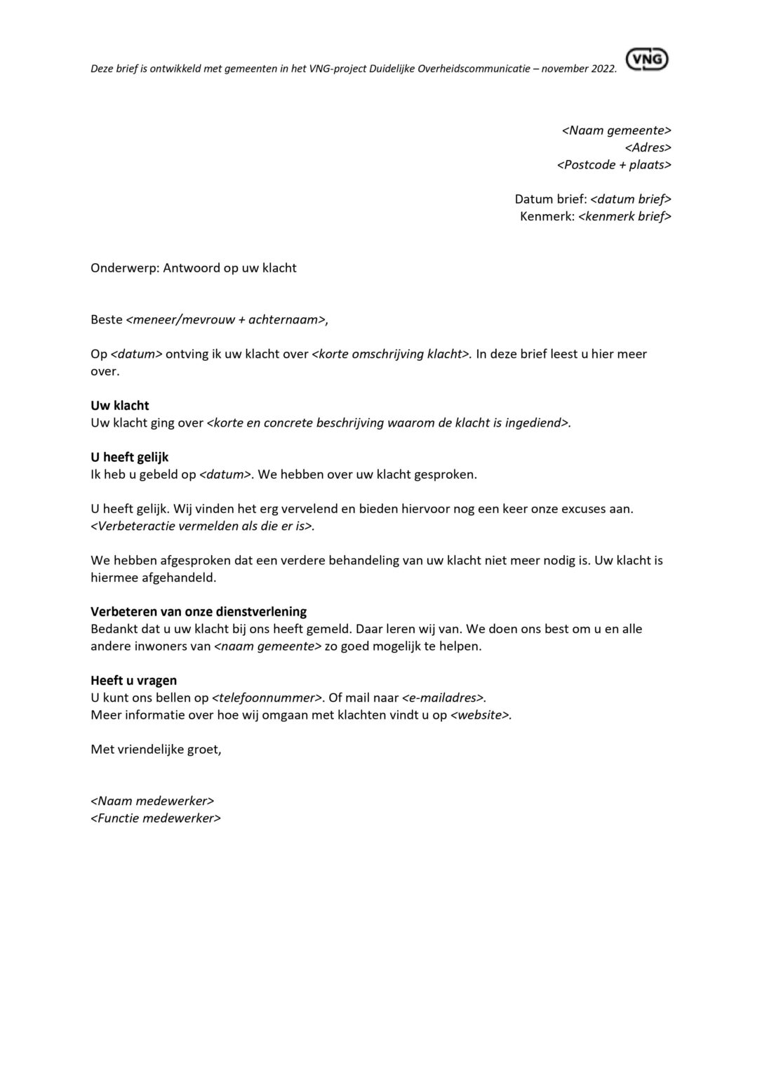 Brief afhandeling klacht informeel – Toolkit Taal
