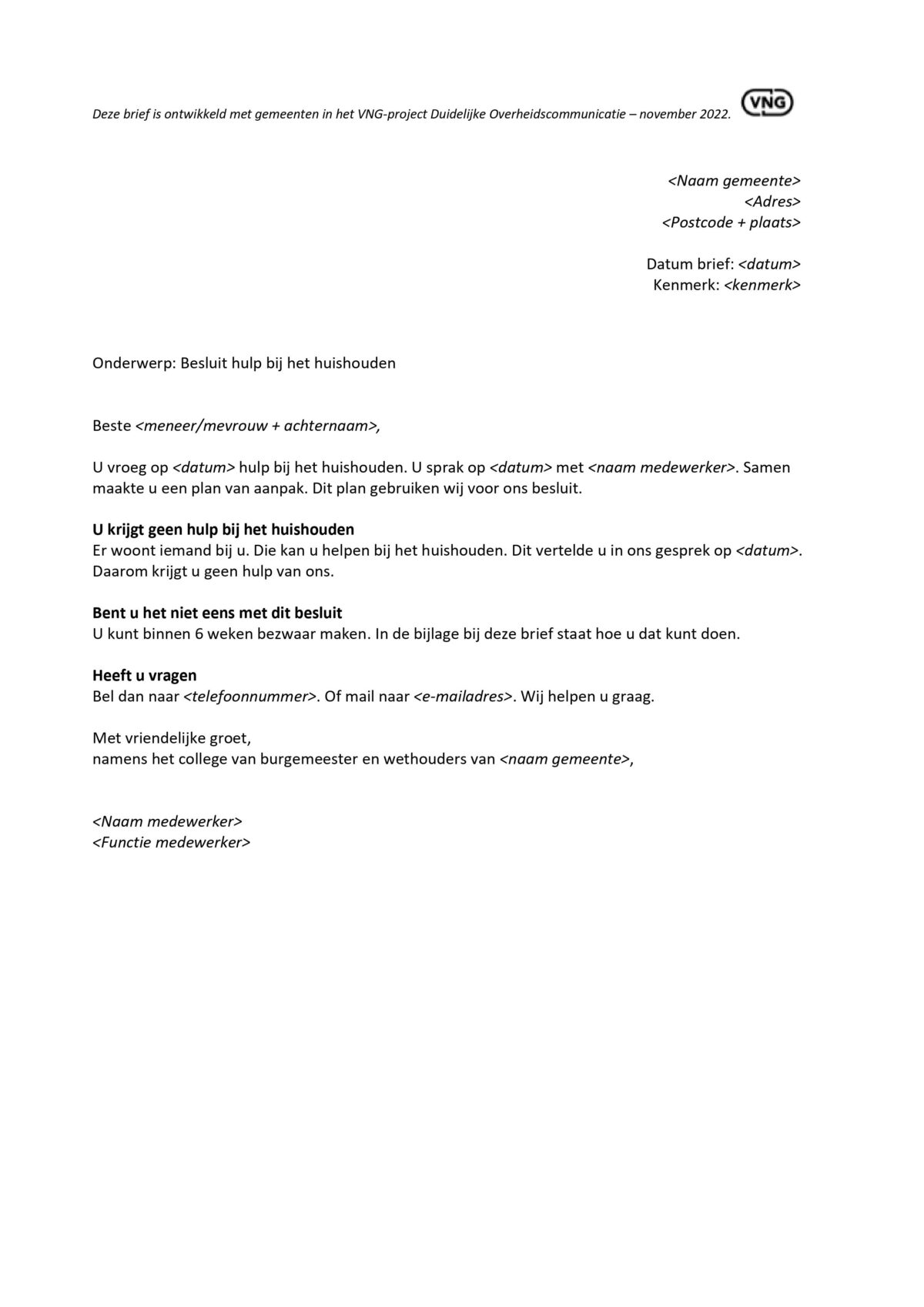 Brief afwijzing hulp bij het huishouden Wmo 2015 – Toolkit Taal