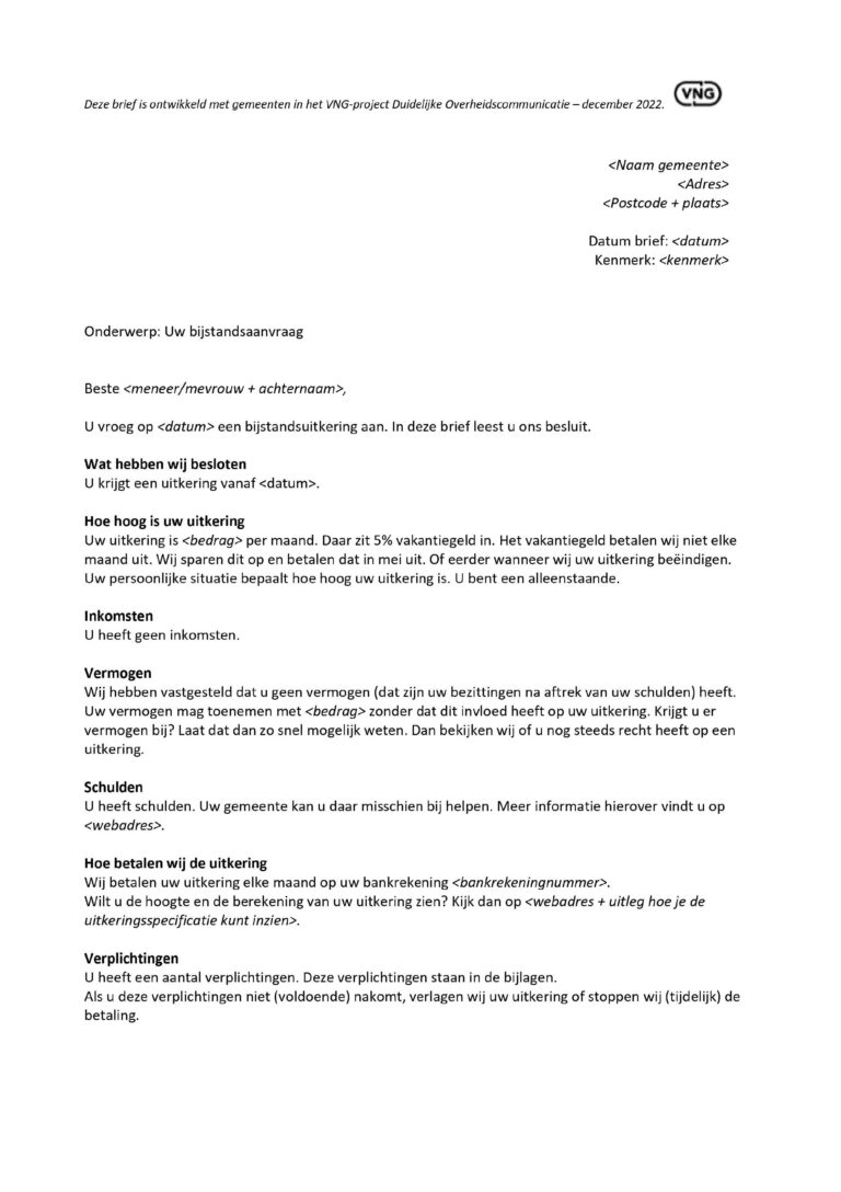 Brief toekenning bijstandsuitkering (Participatiewet) variant 1 ...