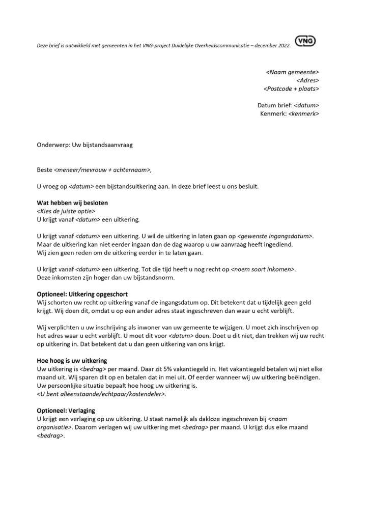 Brief toekenning bijstandsuitkering (Participatiewet) variant 2 ...