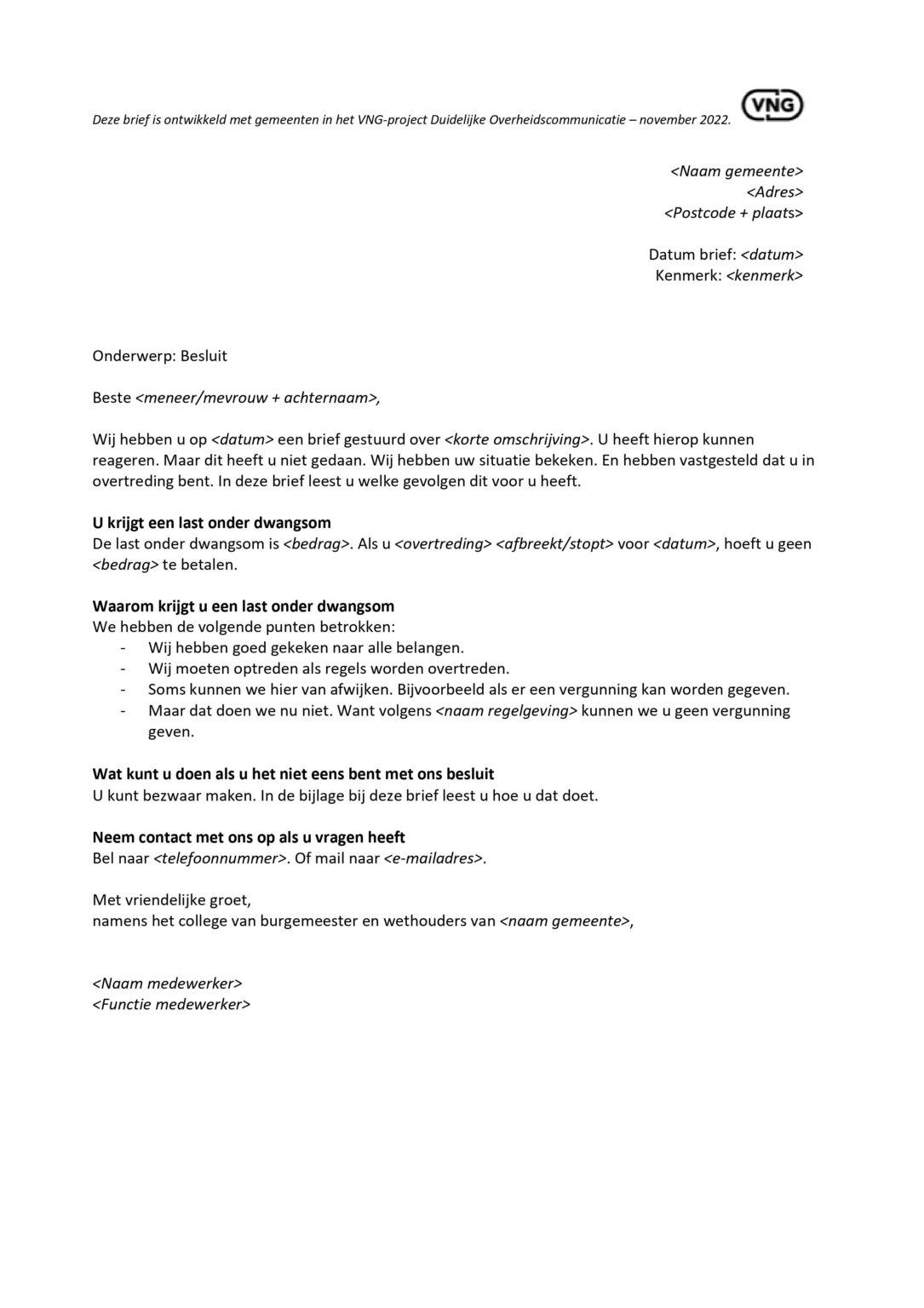 Brief besluit last onder dwangsom – Toolkit Taal